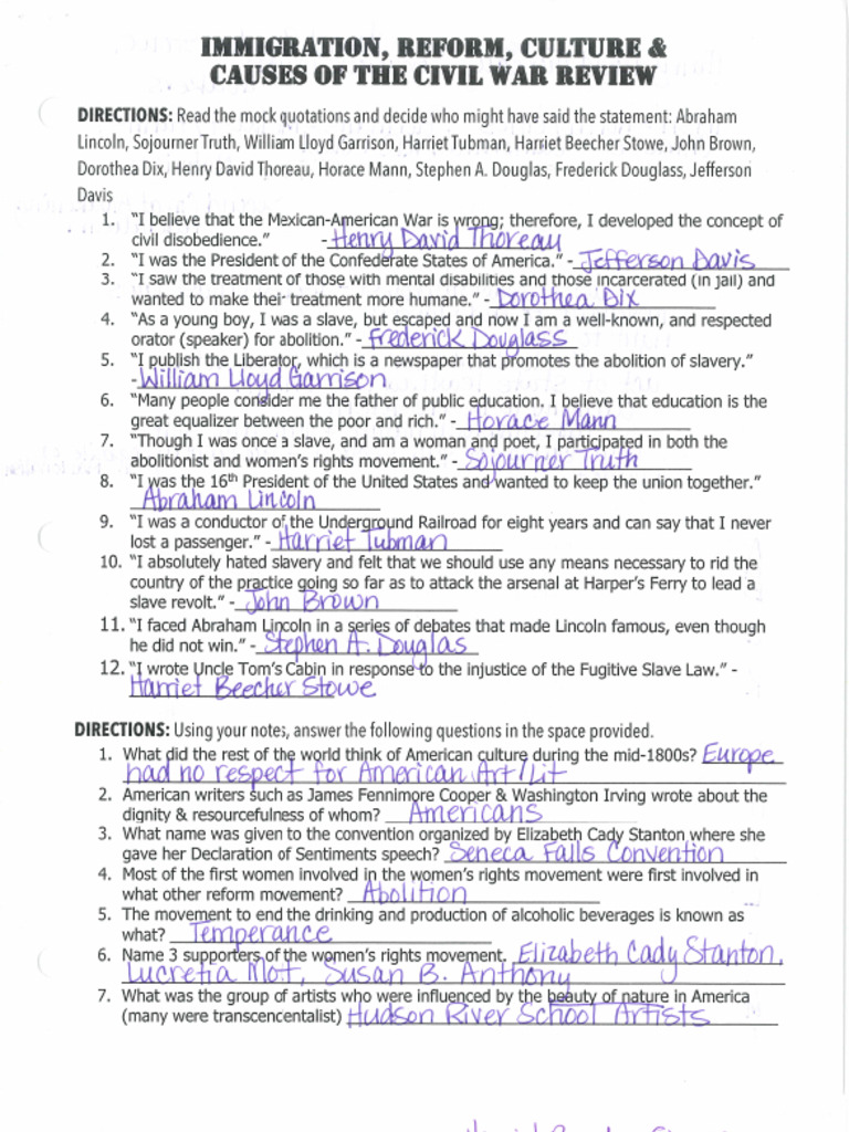 KEY-Reform and Sectionalism Test Review | PDF