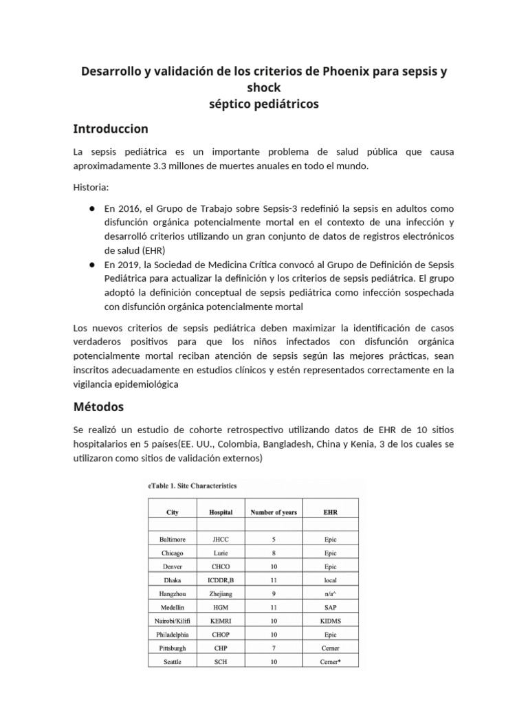 Desarrollo y Validación de Los Criterios de Phoenix para Sepsis y Shock ...