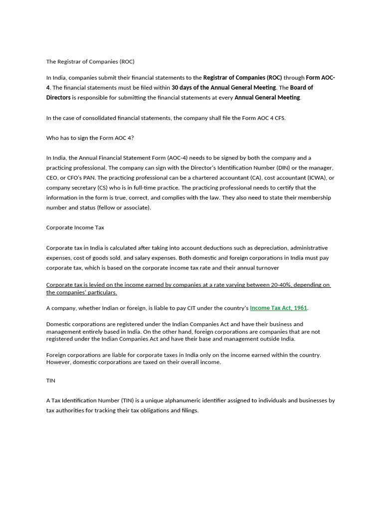 The Registrar of Companies (ROC) For Company Financial Statement | PDF