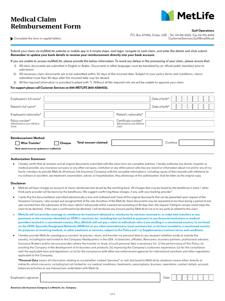 MetLife Claim Form | PDF