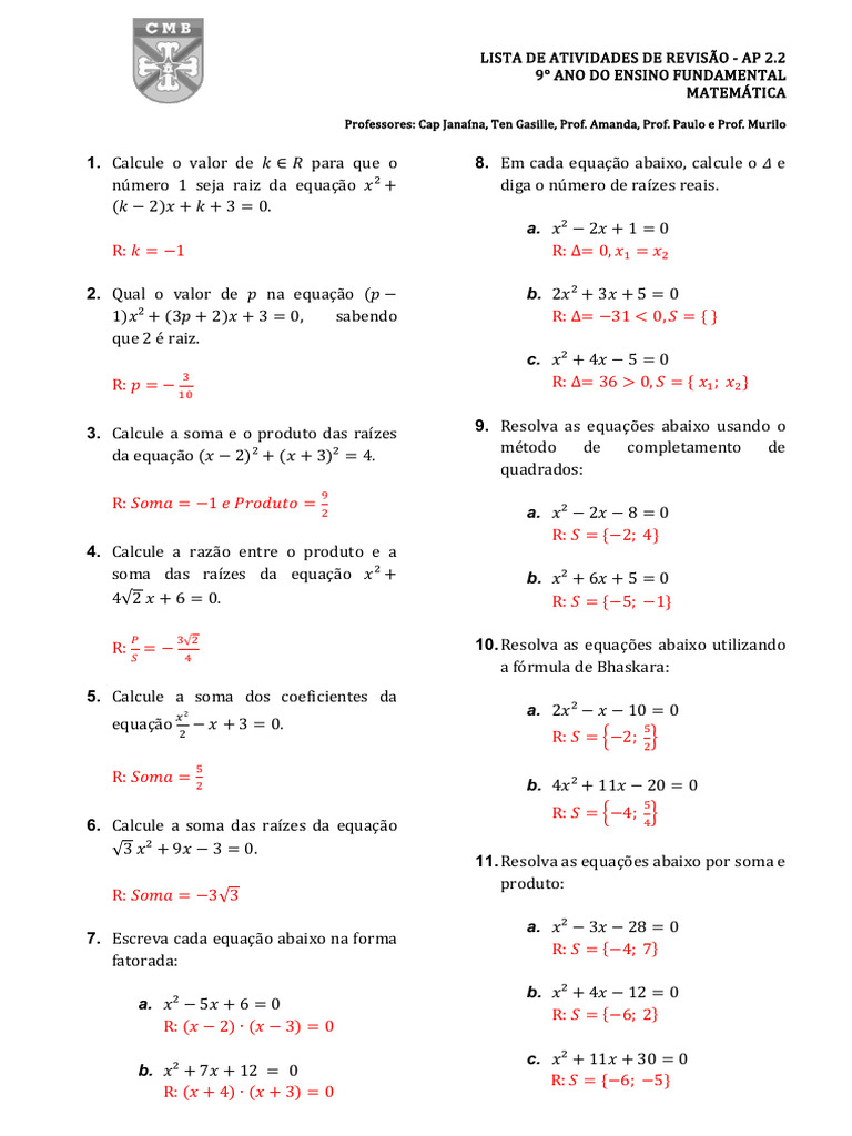 Lista de Revisão AP2.2 - Gabarito | PDF