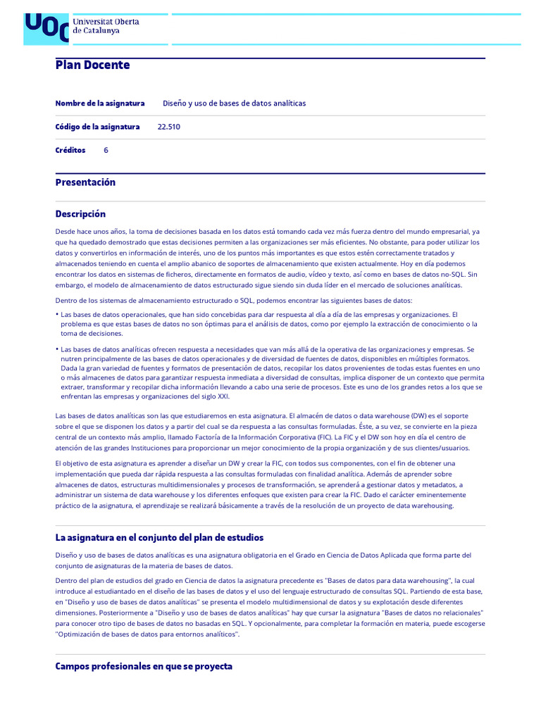 PLAN DOCENTE_bases de datos analiticas | PDF