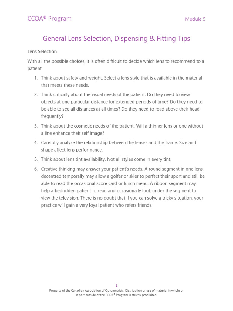 General Lens Selection Dispensing and Fitting Tips | PDF | Lenses | Optics