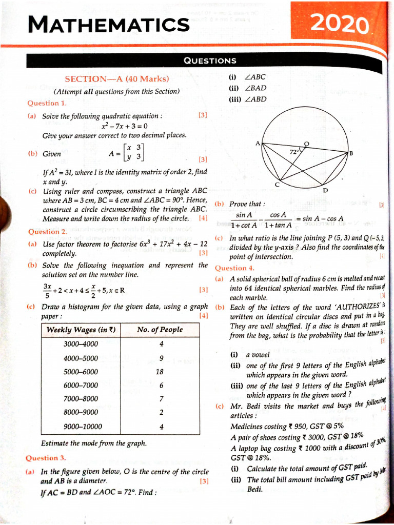 2020 maths paper icse | PDF