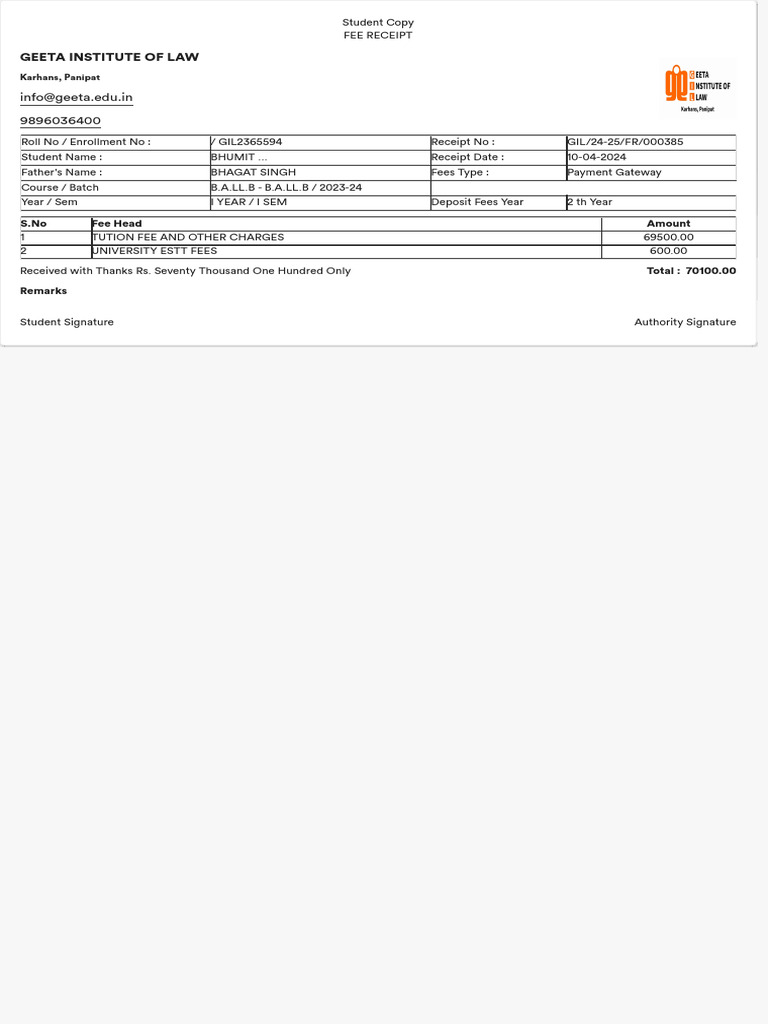 Print Fees Receipt | PDF