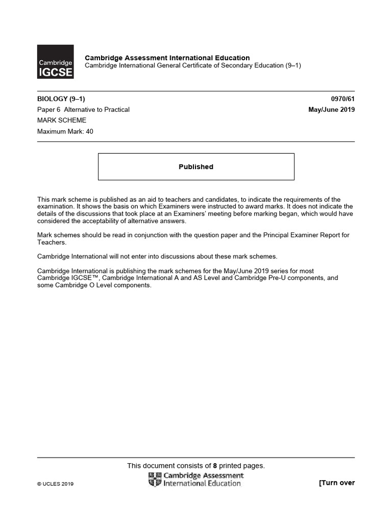 Cambridge Assessment International Education: BIOLOGY (9-1) 0970/61 May/June 2019 | PDF