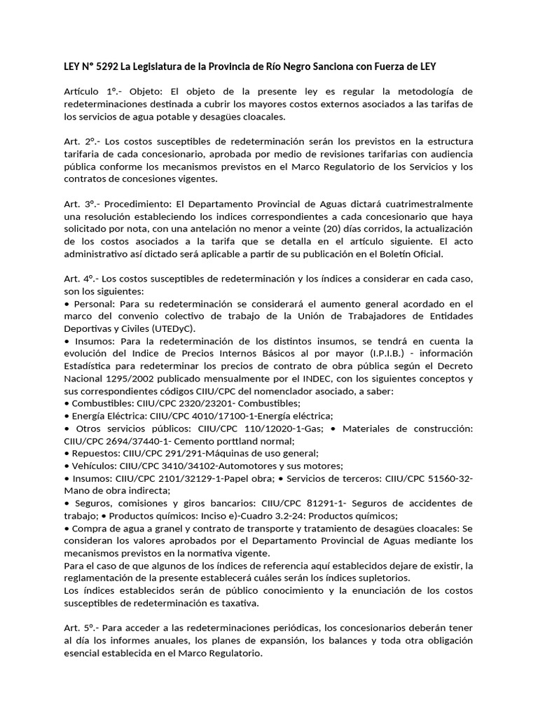 Ley 5292: Redeterminación Tarifaria en Río Negro | PDF | Concesión ...