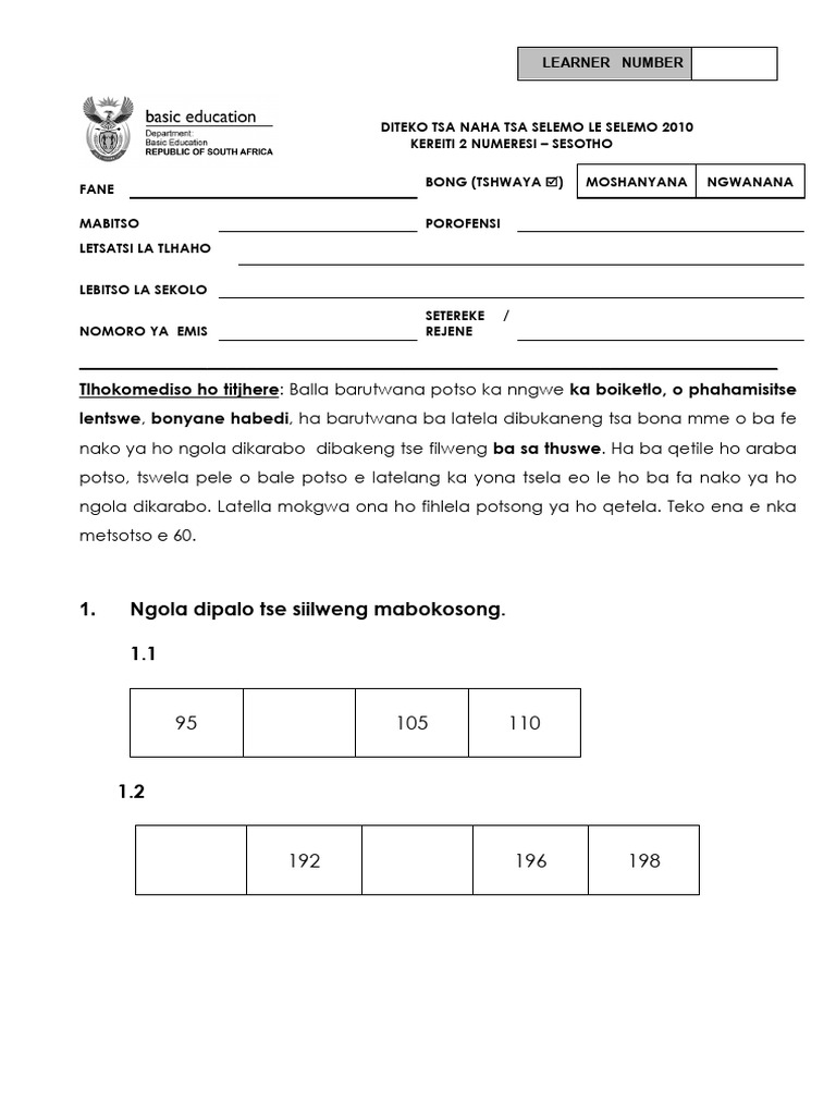 Numeracy Sesotho Grade 2 | PDF