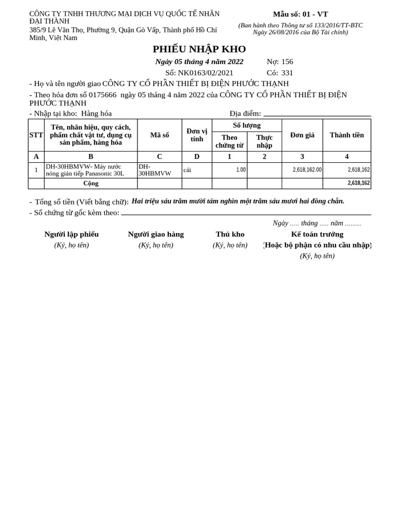 01 VT Phieu Nhap Kho | PDF
