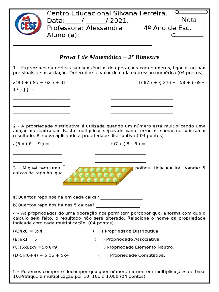2021 at Prova I de Matemática - 2º Bimestre 4º Ano - 2021 | PDF