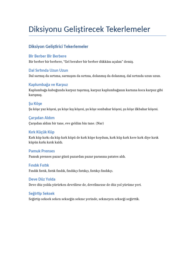 Diksiyon Tekerlemeler | PDF