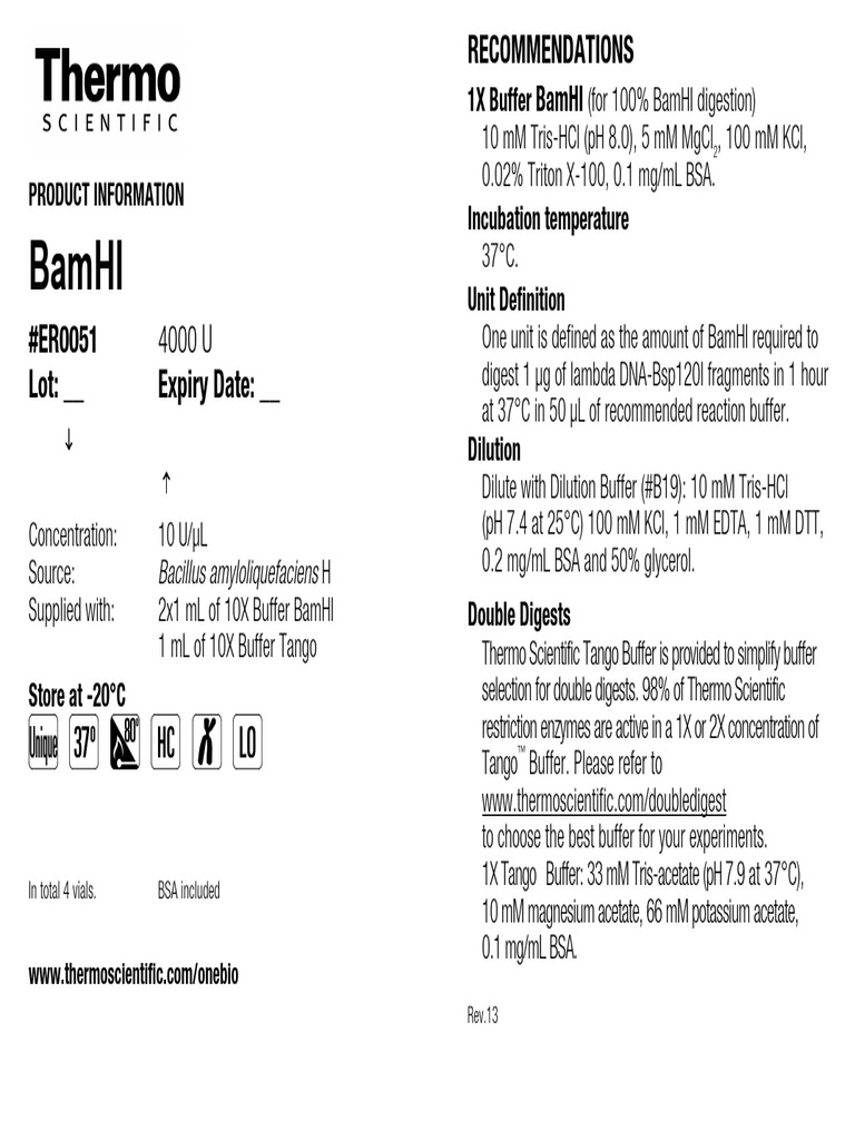 BamHI 10 UuL 4000U UG | PDF