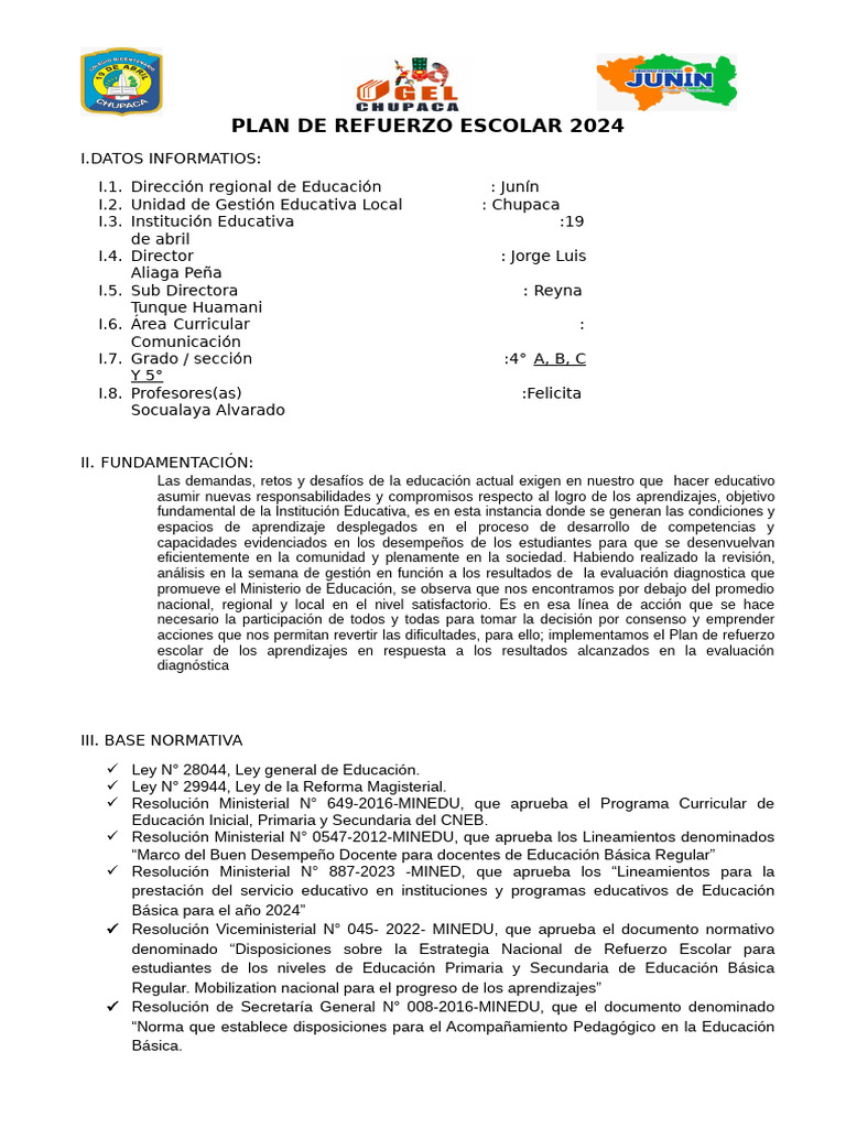 Esquema Del Plan de Refuerzo Escolar 2024 | PDF | Evaluación ...