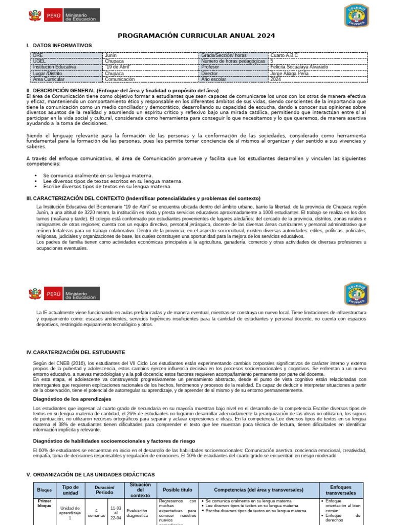 Programa Curricular Anual Cuarto 1 | PDF