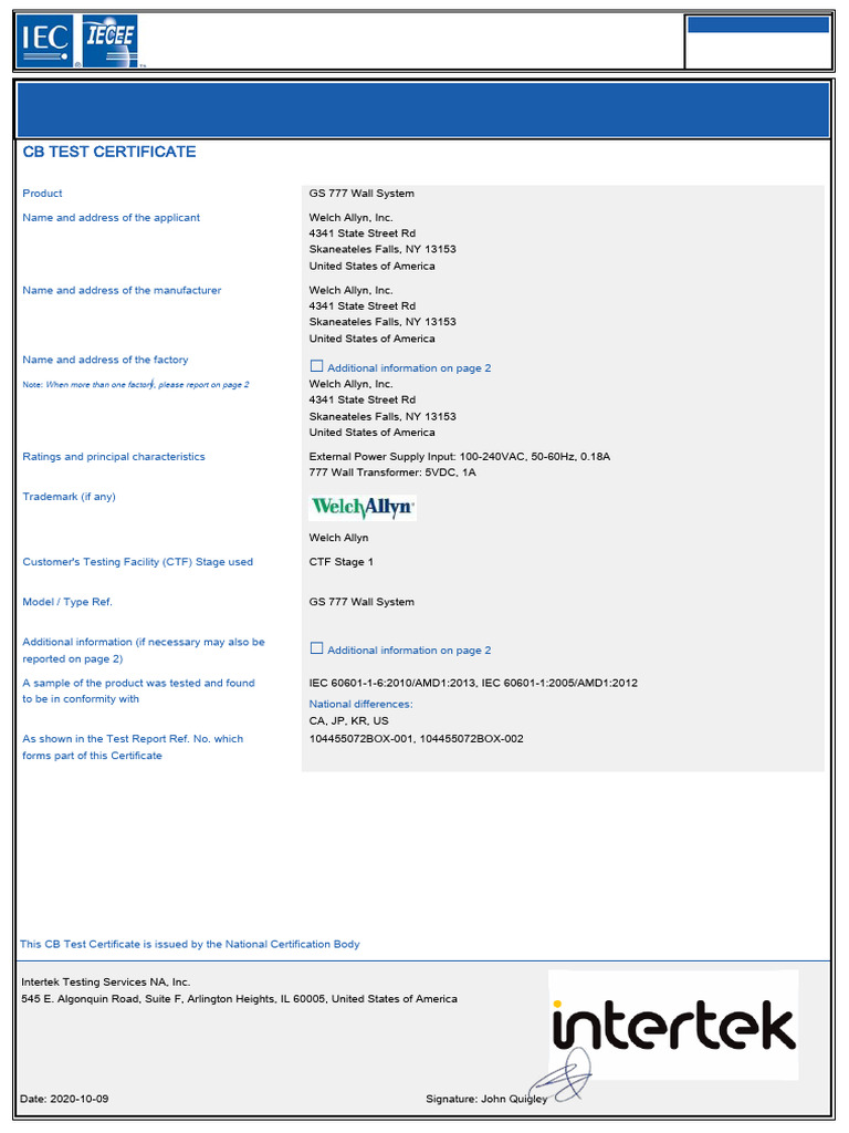 IEC 60601 Wall Transfomer - Welch Allyn US - 8552 - ITS - CB Test ...