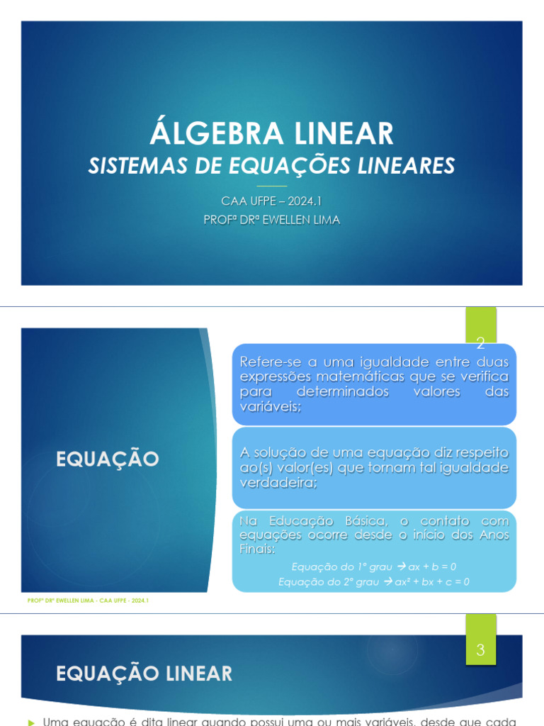 Álgebra Linear - Aula 2 - Sistemas Lineares | PDF