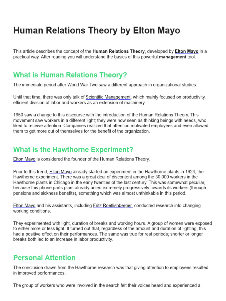 Unit 9, Article 4 Human Relations Theory by Elton Mayo | PDF | Behavior | Rationality