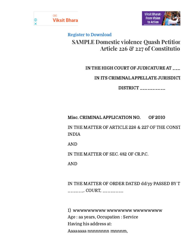SAMPLE Domestic Violence Quash Petition U - S 482 and Article 226 & 227 of Constitution | PDF ...
