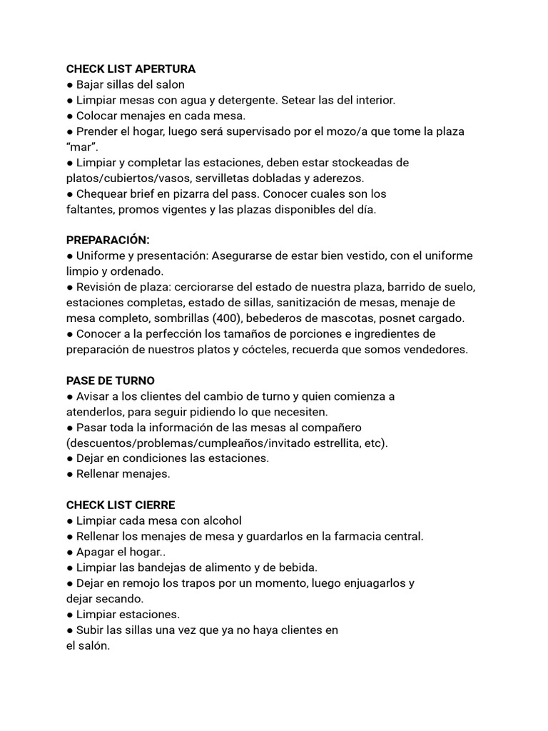 Checklist de Apertura y Cierre de Restaurante | PDF | Alimentos | Cocina