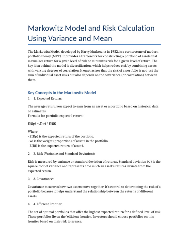 Markowitz Model and Portfolio Risk | PDF