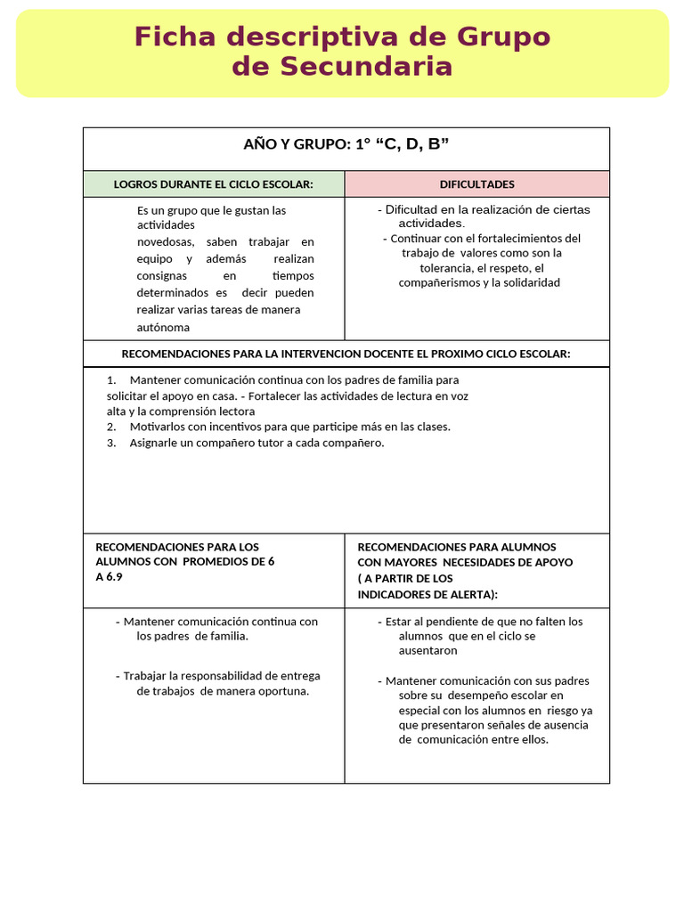 Ficha Descriptiva de Grupo Secundaria en Word | PDF