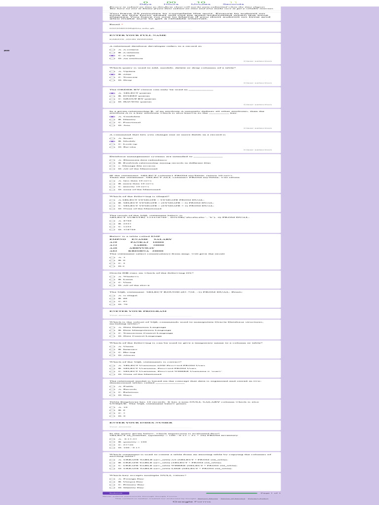 Database Midterm Quiz for HND ICT | PDF | Relational Model | Table (Database)