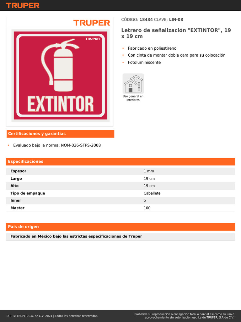 Letrero de Señalización "EXTINTOR", 19 X 19 CM | PDF