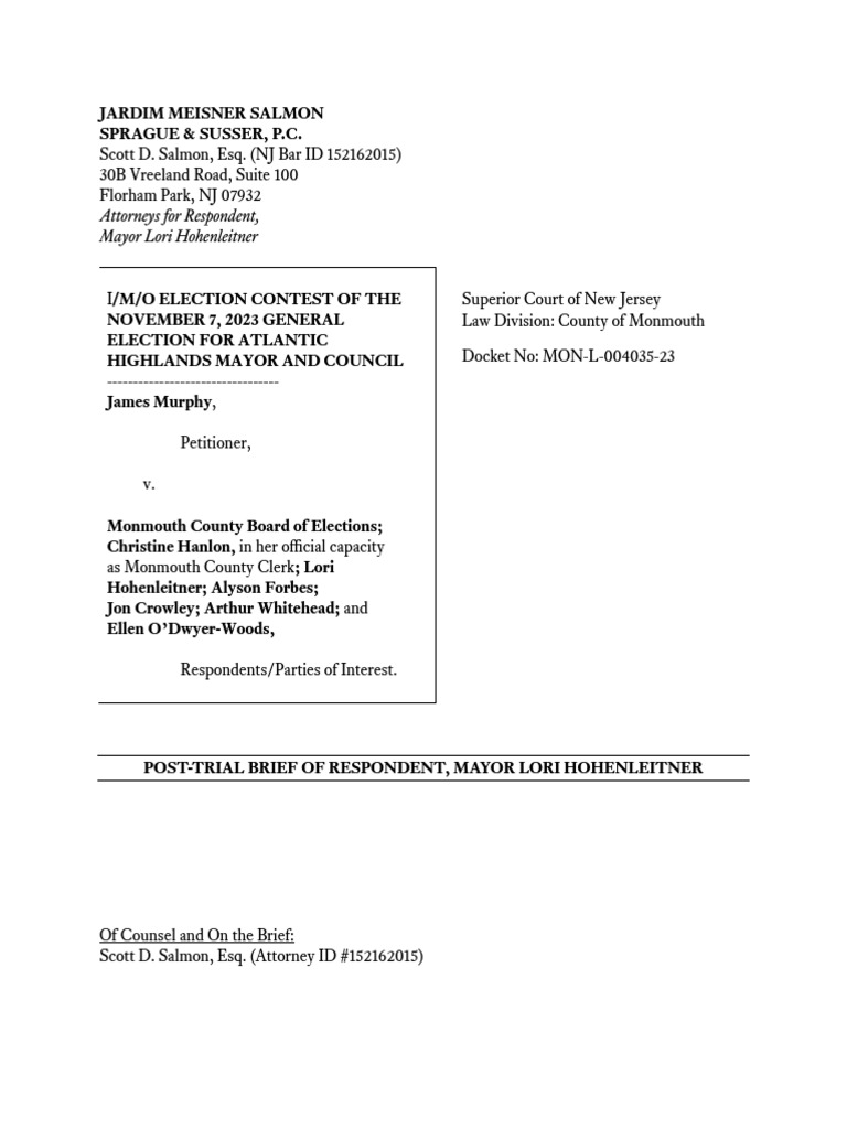 2024 03 11 Post Trial Brief Of Respondent Mayor Lori Hohenleitner PDF