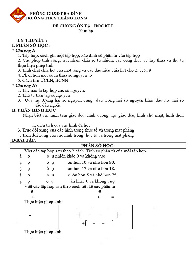 De Cuong On Tap Hoc Ki 1 Toan 6 Nam 2021 2022 Truong Thcs Thang Long Ha Noi | PDF