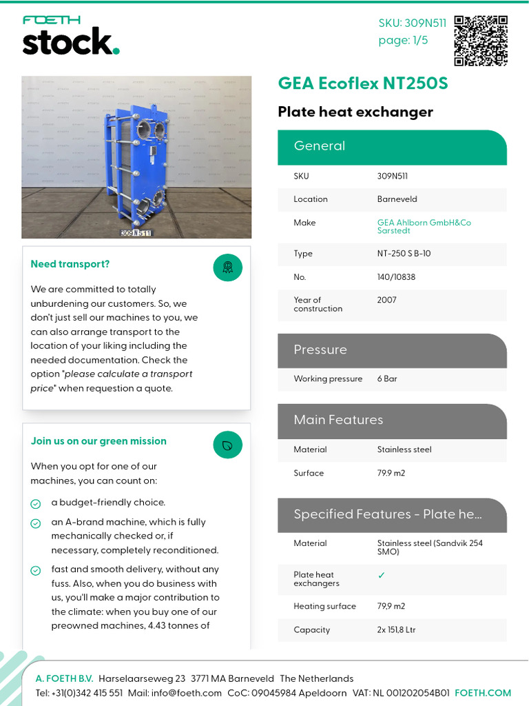 Gea Ecoflex nt250sjjjj Plate Heat Exchanger 309n511 | PDF