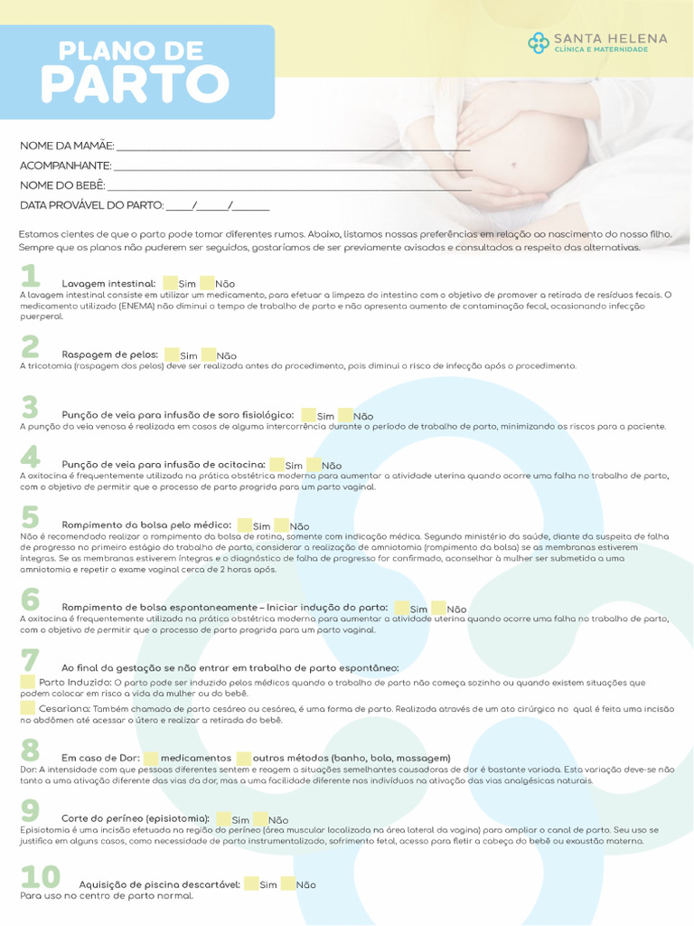 Plano de Parto - Clínica e Maternidade Santa Helena | PDF