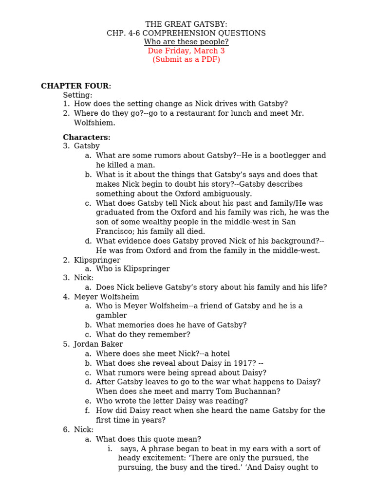 Great Gatsby - Chp. 4-6 Comprehension | PDF