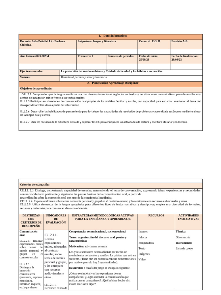 Planificación de Lengua y Literatura 2023 | PDF | Evaluación ...