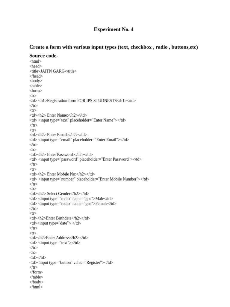 Experiment No. 4 Create A Form With Various Input Types (Text, Checkbox, Radio, Buttons, Etc ...