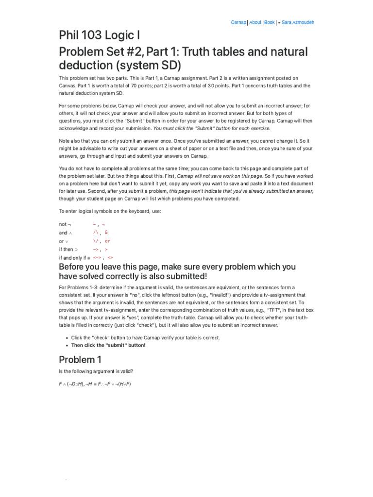 Carnap - Io - Assignments - Logic 103 (Fall 2023) - Problem Set 2, Part 1 | PDF