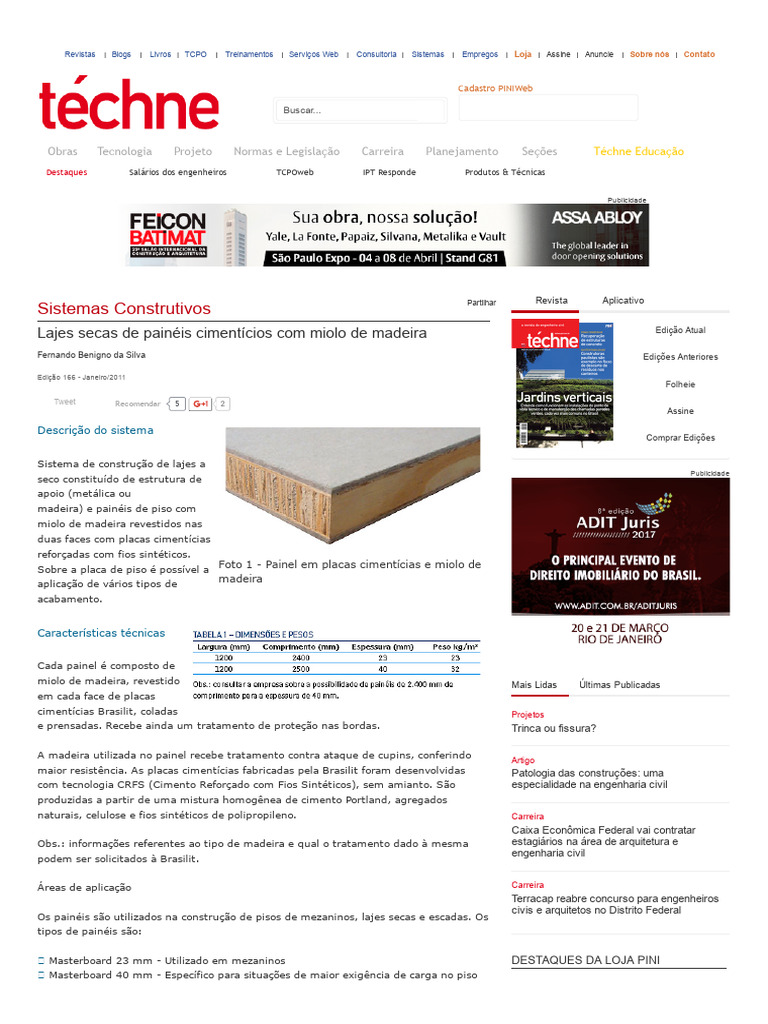 Lajes Secas de Painéis Cimentícios Com Miolo de Madeira - Téchne | PDF | Poliuretano | Madeira