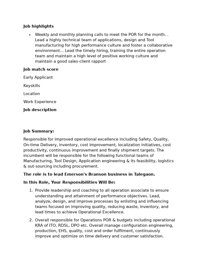 Job Highlights | PDF | Employment | Logistics