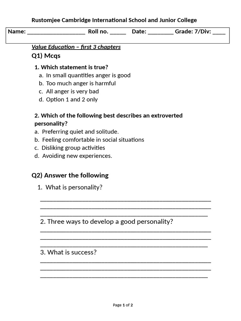 Test Paper For Grade 7 Ved | PDF