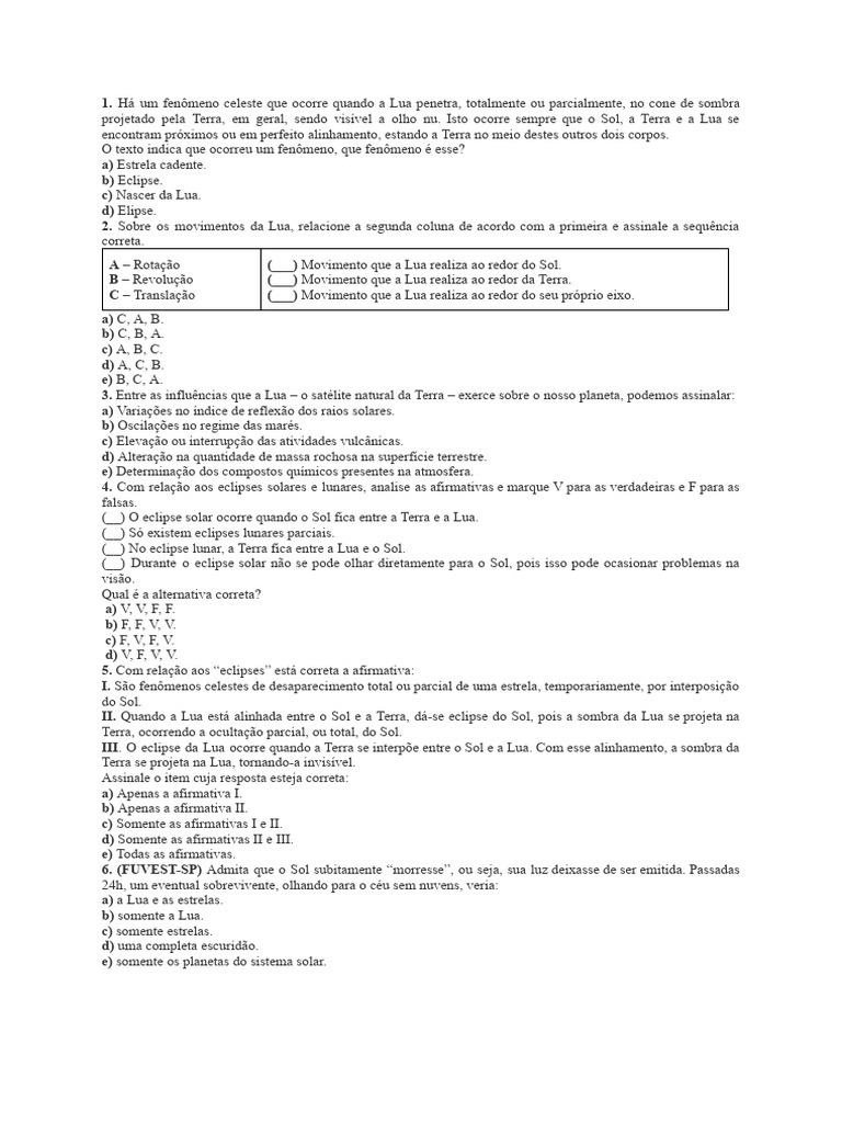 Exercícios Sobre Lua | PDF | Lua | Eclipse