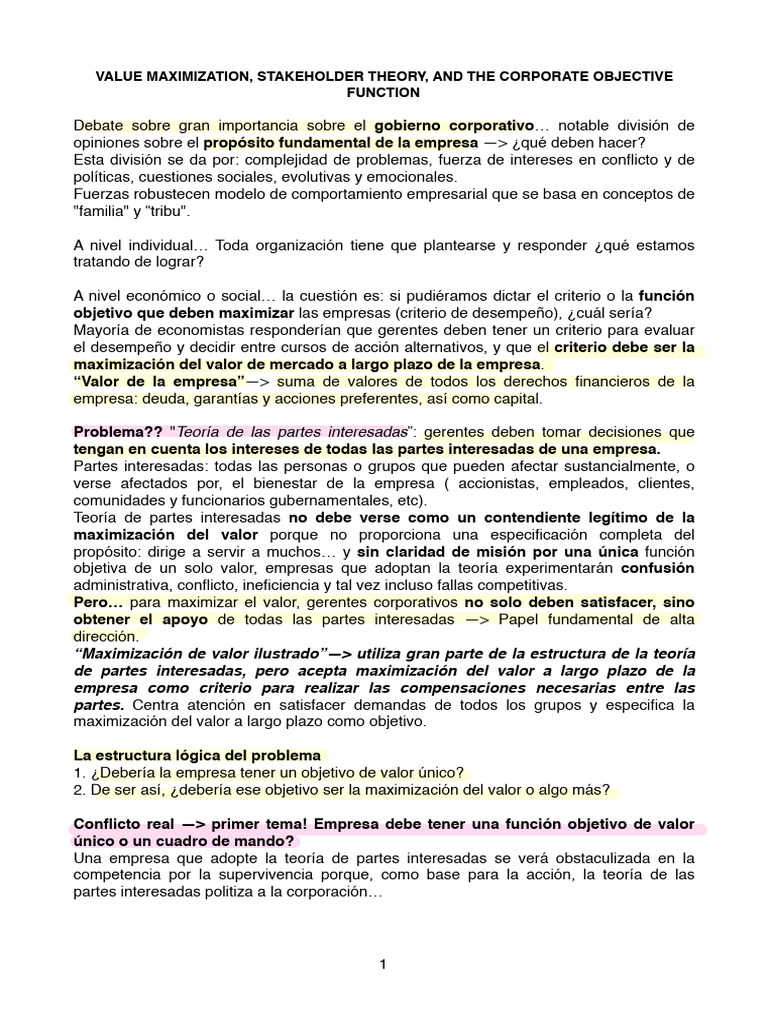 Resumen Value Maximization, Stakeholder Theory, and The Corporate ...