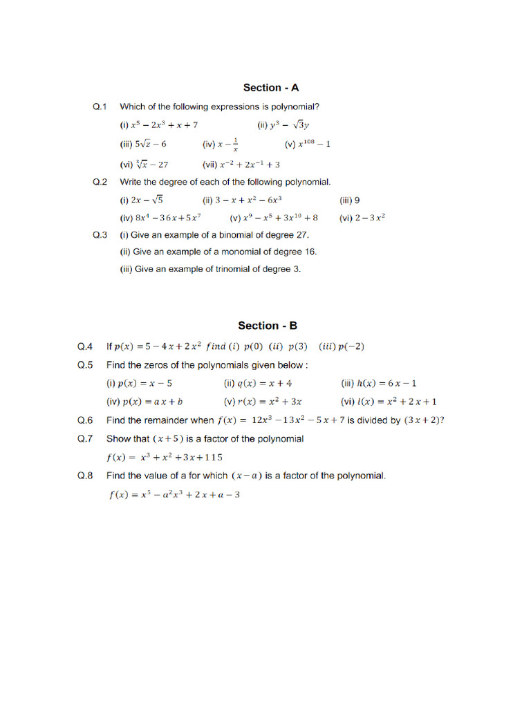 Polynomials Worksheet | PDF