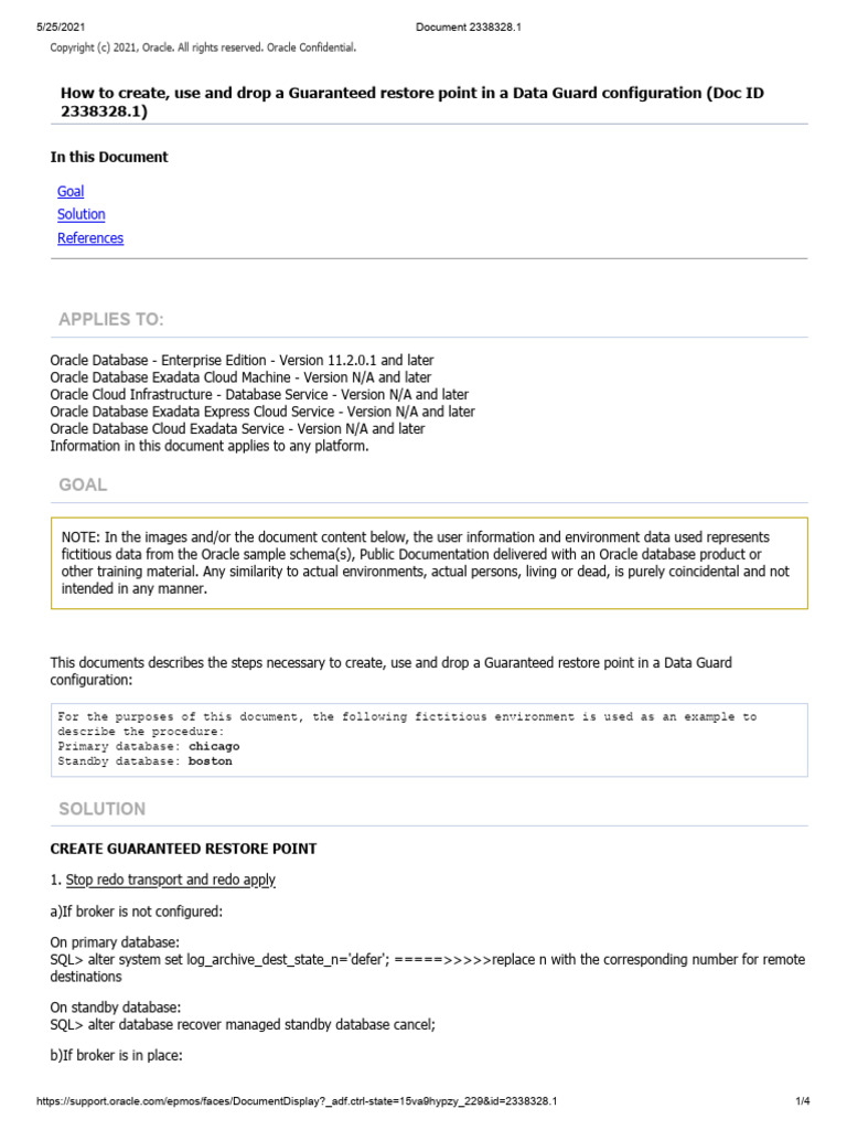 How To Create, Use and Drop A Guaranteed Restore Point in A Data Guard Configuration | PDF