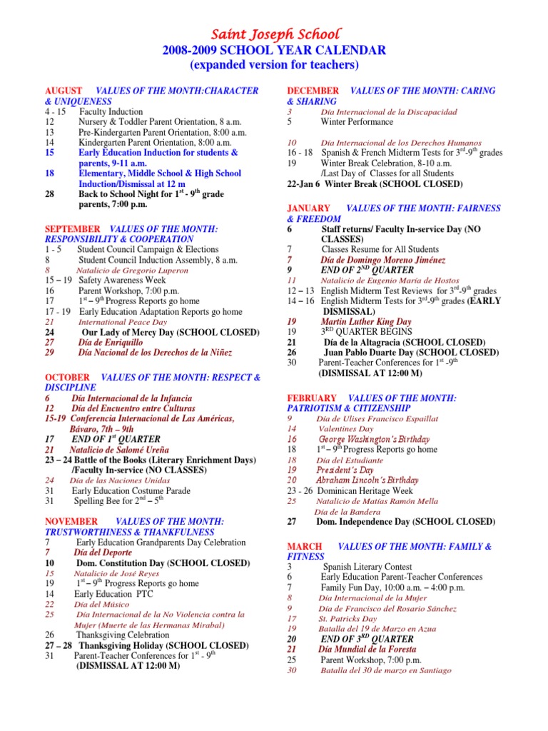 School Calendar 2008-2009 | PDF | Further Education | Schools