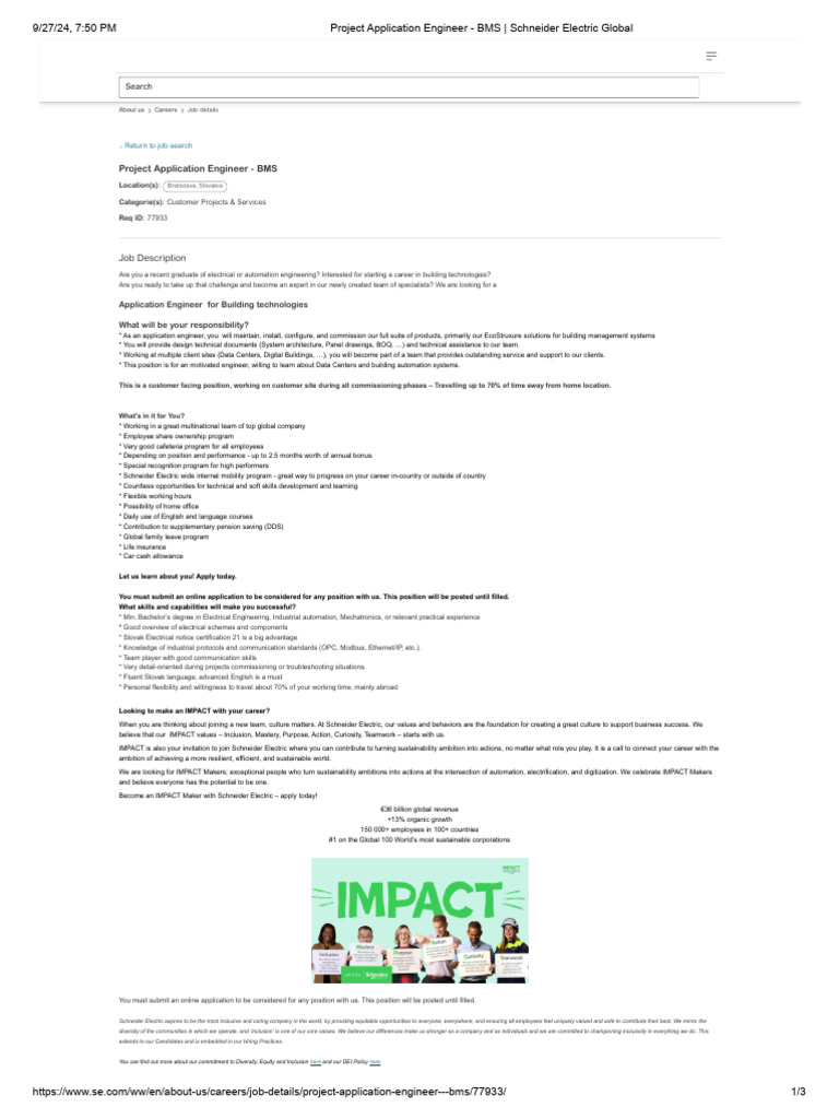 Project Application Engineer - BMS - Schneider Electric Global | PDF