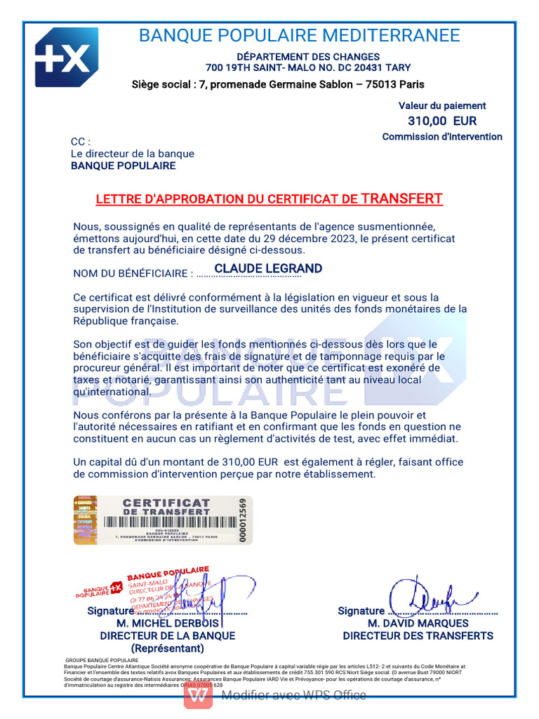 Certificat de Transfert | PDF