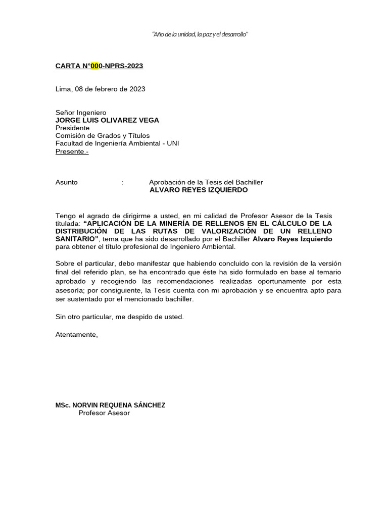 MODELO DE CARTA DE ASESOR-TESIS FINAL | PDF
