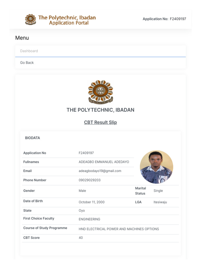 POLYIBADAN - My Application - Result Slip - Portal | PDF