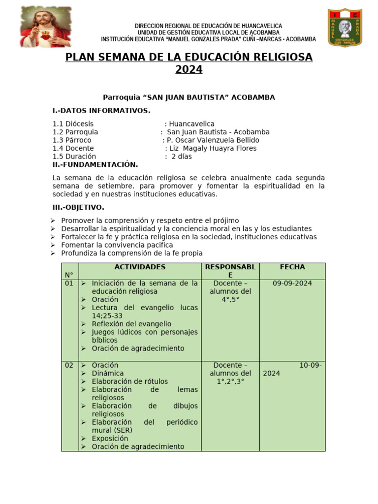 Plan Semana de La Educacion Religiosa Ie Jer-Cuñi | PDF Plan Semana de La Educacion Religiosa Ie Jer-Cuñi | PDF