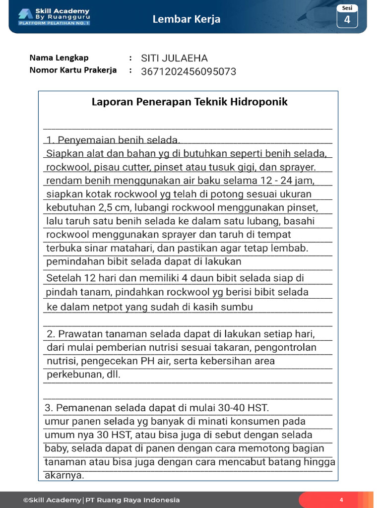 TPM 4 Laporan Penerapan Teknik Hidroponik - [SITI JULAEHA] | PDF