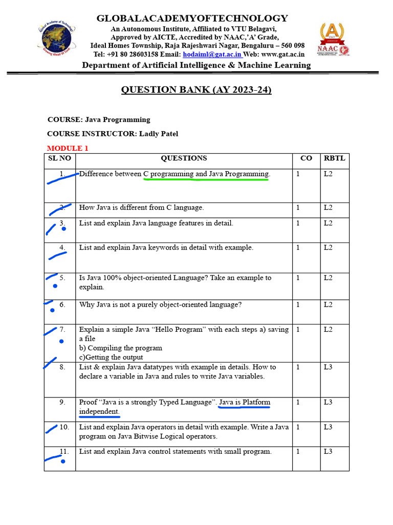 QUESTION BANK - Java | PDF